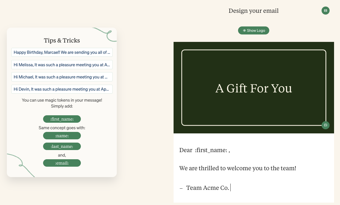 How do I set up a gift design template?